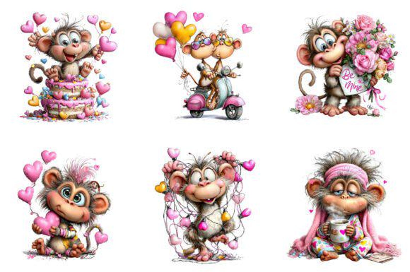 32 Valentines Day Monkey Clipart PNG / Cute Love Animals / Whimsical ...