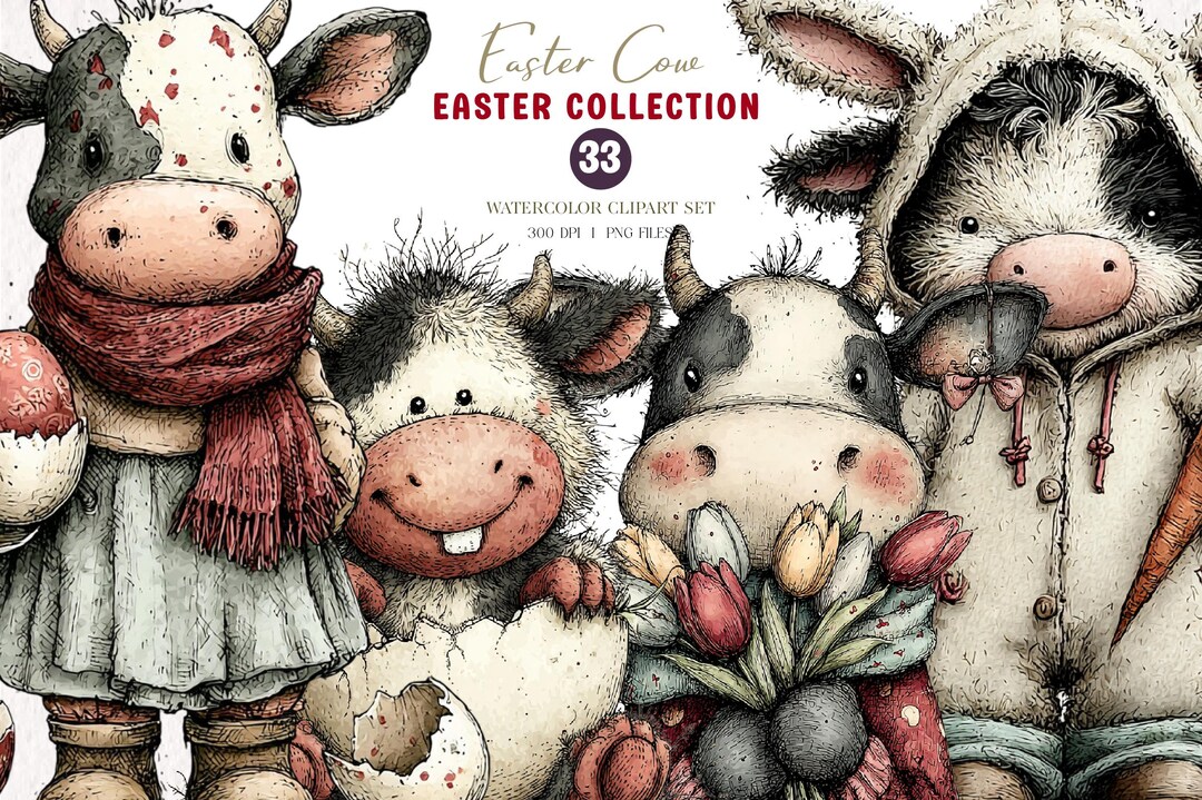 33 Easter Cow Clipart PNG, Watercolor Baby Cows With Eggs, Cute Farm ...