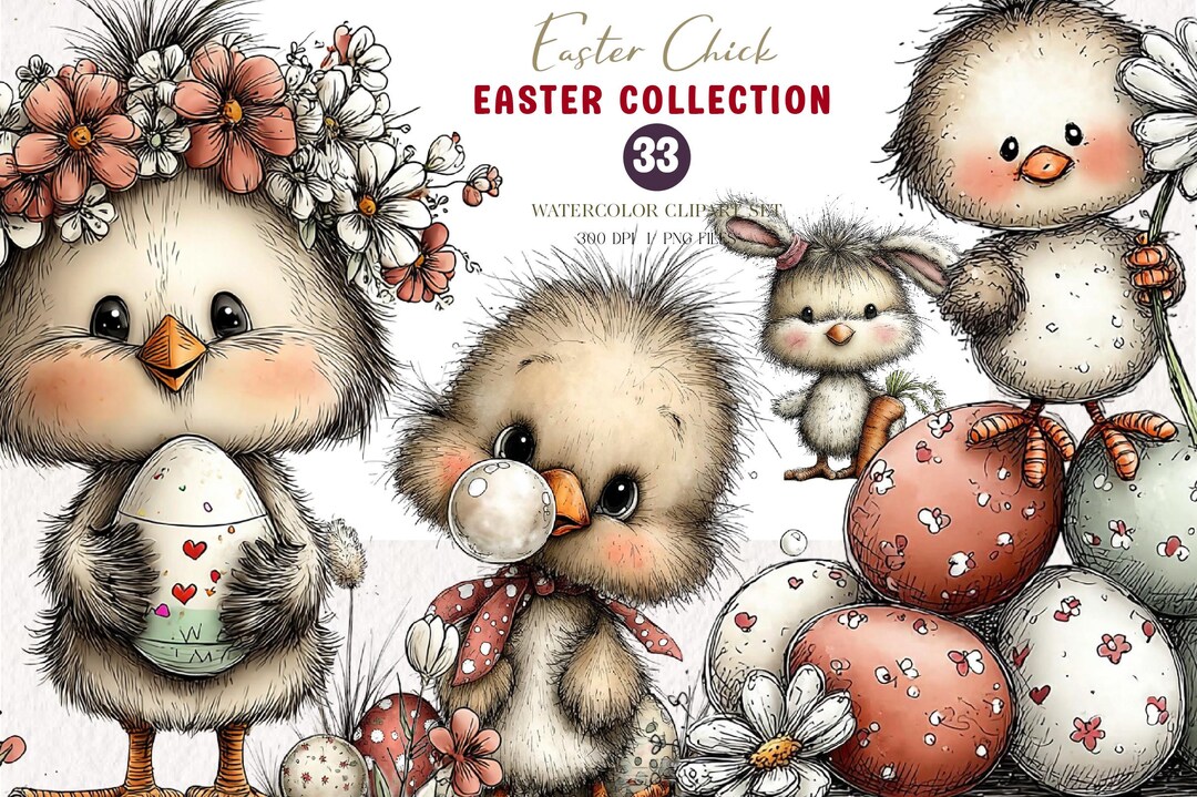 33 Easter Chick Clipart PNG, Watercolor Baby Chicks With Eggs, Cute ...