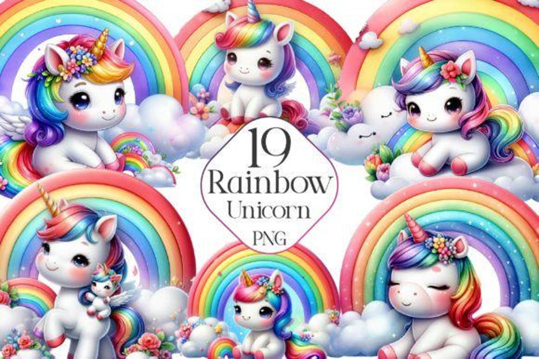 19 Rainbow Unicorn Clipart PNG / Watercolor Pastel Unicorns / Fantasy ...