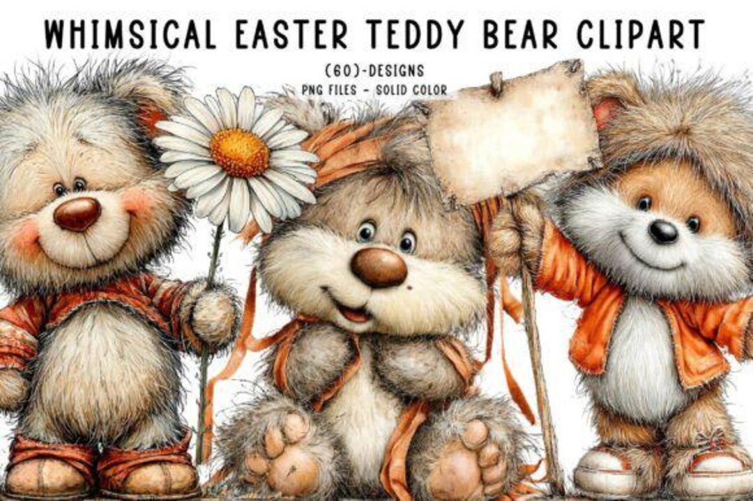 60 Whimsical Easter Teddy Bear Clipart Bundle, Cute Bear PNG ...
