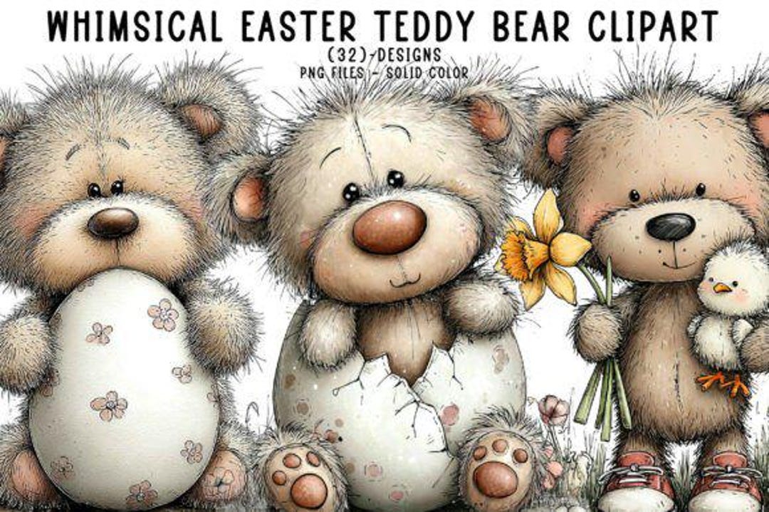 32 Whimsical Easter Teddy Bear Clipart, Cute Easter Bear PNG, Spring ...