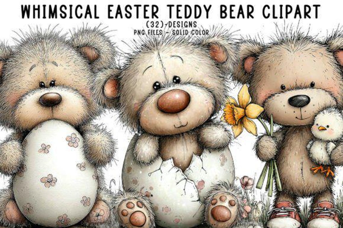 32 Whimsical Easter Teddy Bear Clipart, Cute Easter Bear PNG, Spring ...