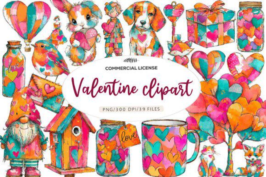 39 Valentine Clipart Bundle / Colorful Watercolor PNG / Cute Love ...