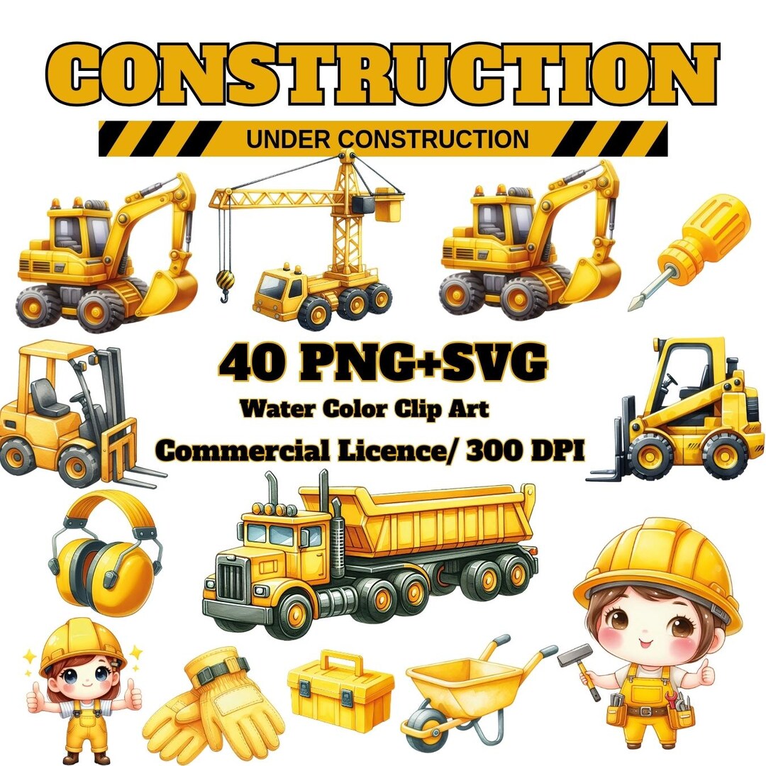 Construction Watercolor Clipart Bundle - 40 PNG SVG Kids Builder Trucks ...