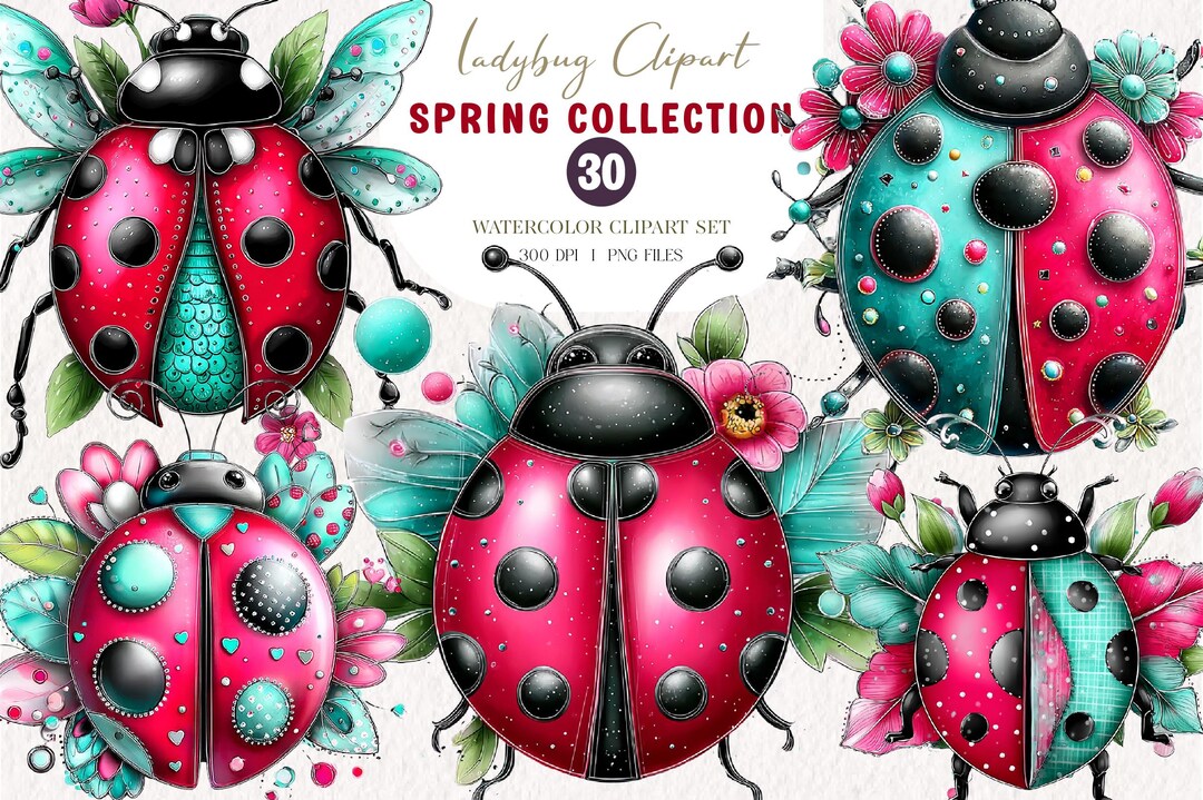 30 Ladybug Clipart Spring Collection Watercolor Bugs Floral Insects ...