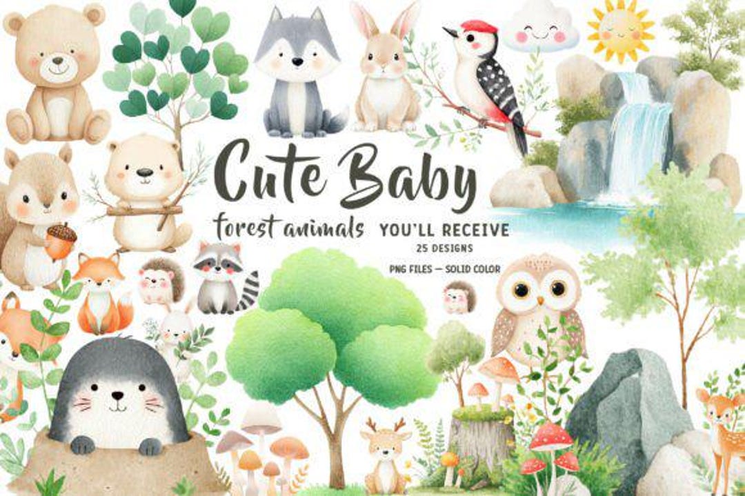 25 Cute Baby Forest Animals Clipart PNG / Soft Woodland Nursery Art ...