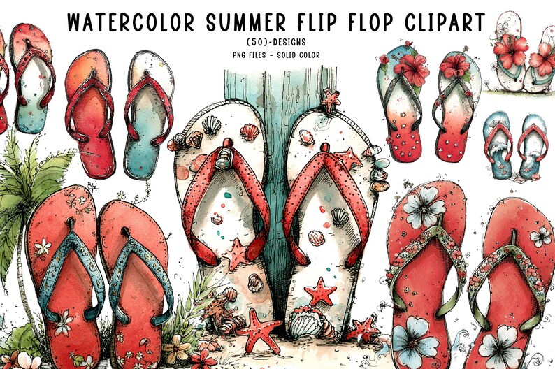 50 Summer Flip Flop Watercolor Clipart PNG Bundle, Beach Sandal ...