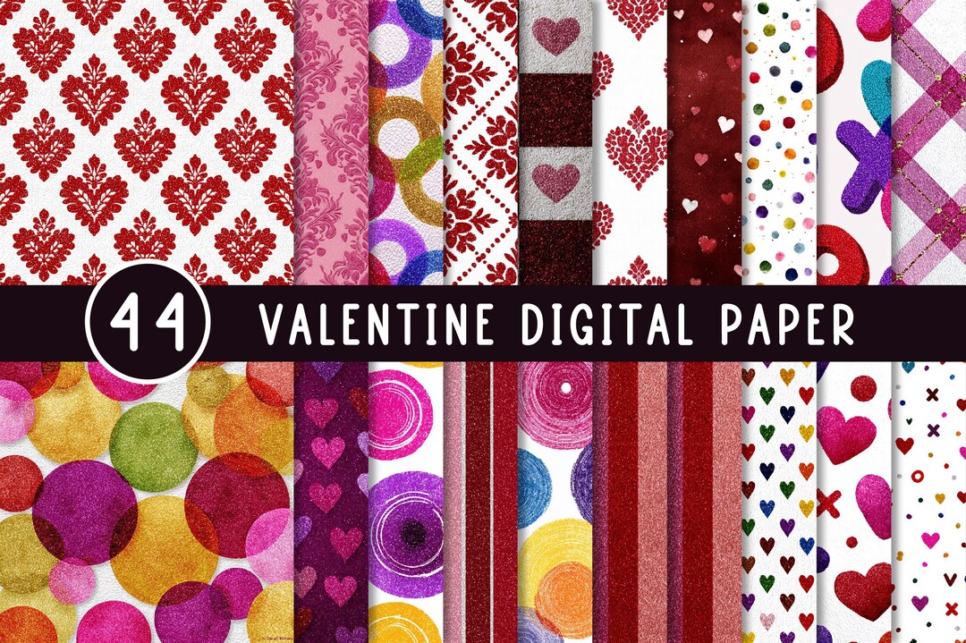 44 Valentine Digital Paper Heart Patterns Glitter Backgrounds Love ...