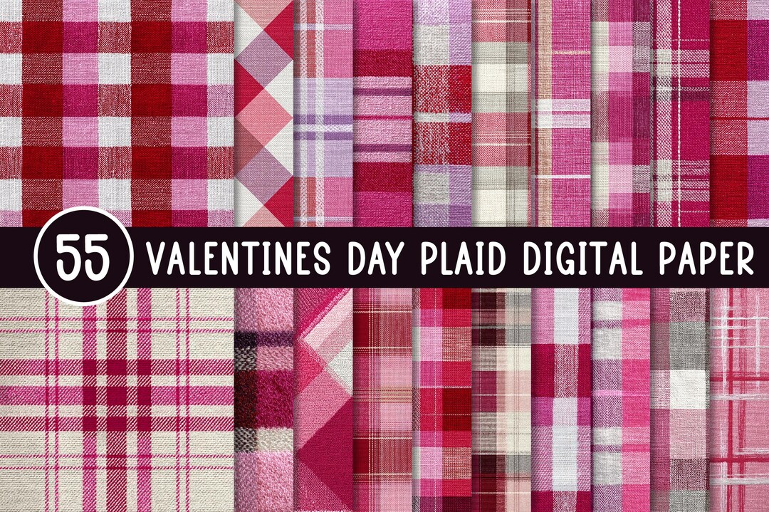 55 Valentines Day Plaid Digital Paper Pack Seamless Pink Red Patterns ...