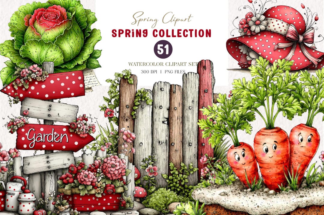 51 Spring Garden Clipart Watercolor Set Vegetables Fence Hat Carrots ...