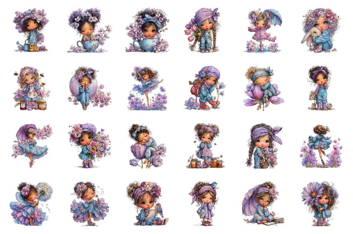 74 Spring Girl Clipart Watercolor Girls Floral Portraits Whimsical ...