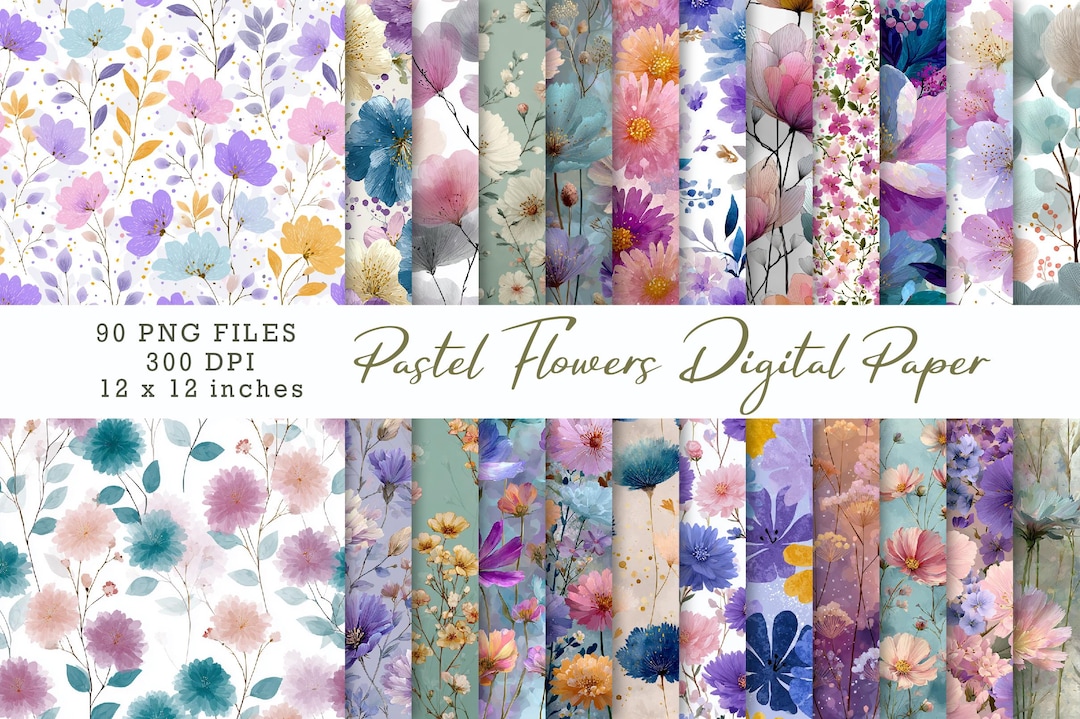 90 Pastel Flowers Digital Paper Seamless Floral Backgrounds Watercolor ...