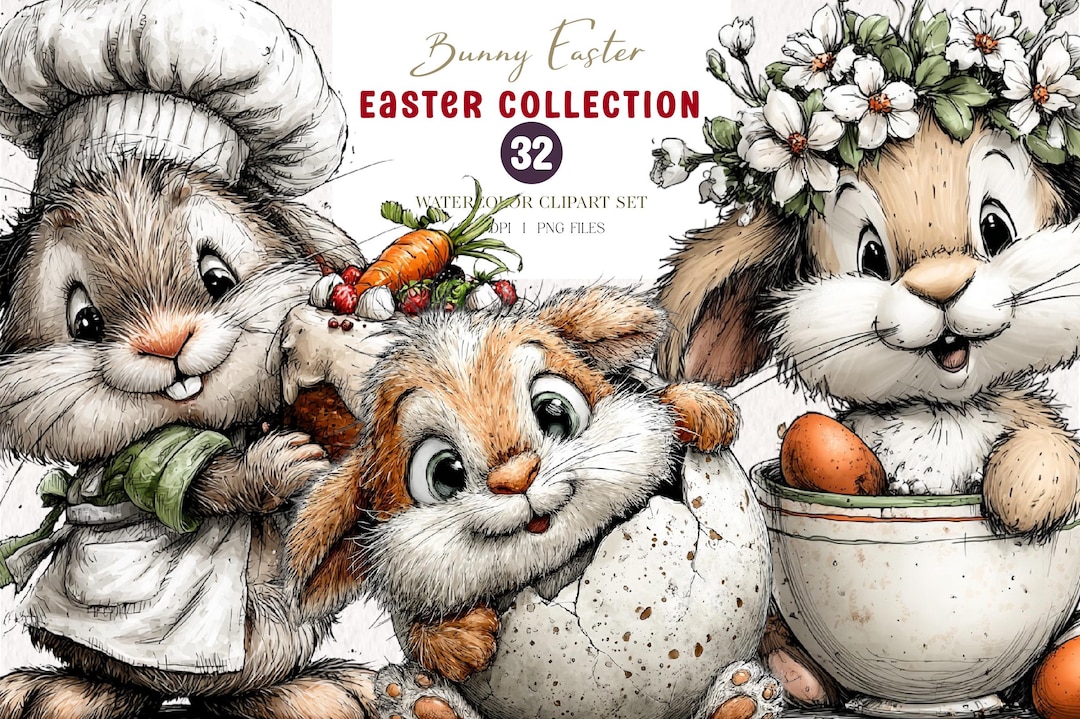 32 Bunny Easter Watercolor Clipart Cute Rabbits Spring PNG Bundle Baby ...