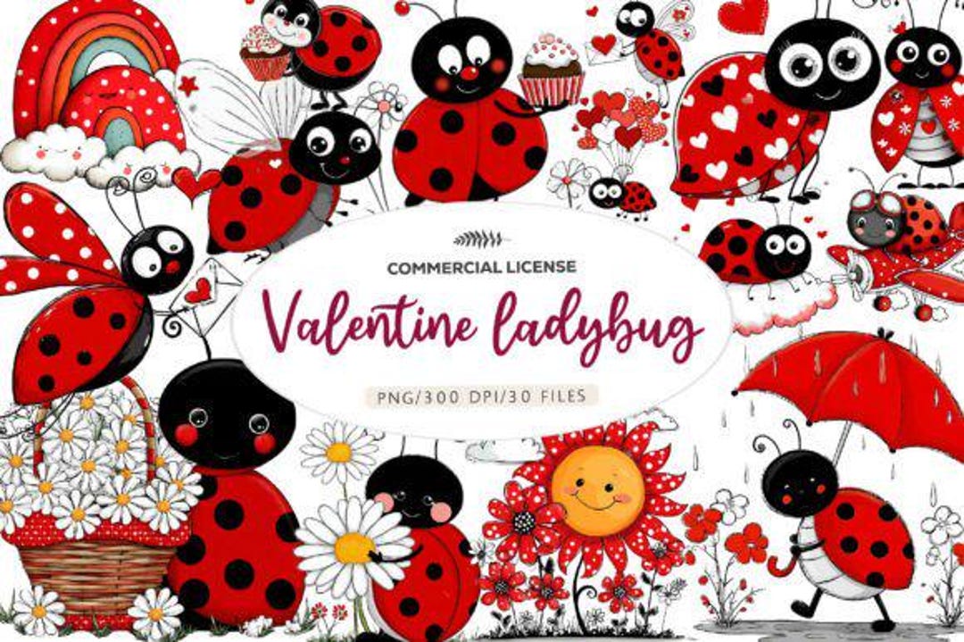 30 Valentine Ladybug Clipart Bundle / Watercolor Ladybug PNG / Cute ...