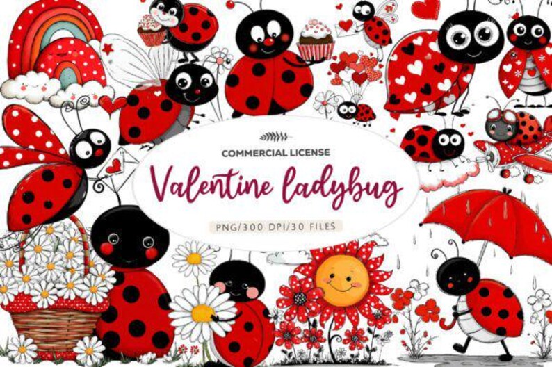 30 Valentine Ladybug Clipart Bundle / Watercolor Ladybug PNG / Cute ...