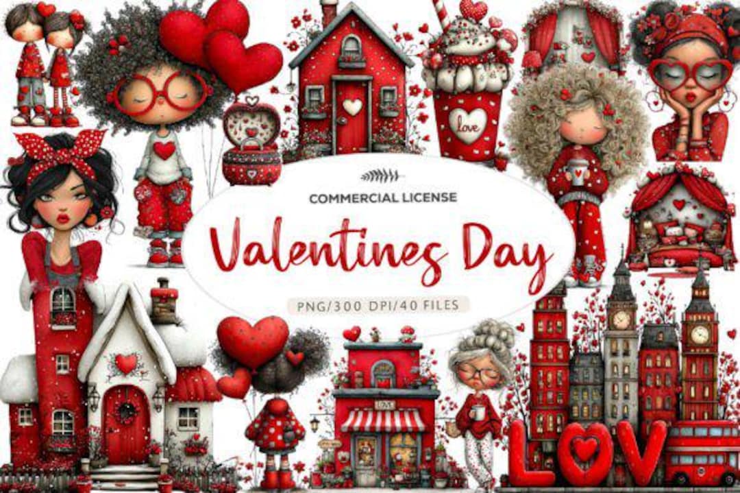 40 Valentine Clipart Bundle / Watercolor Valentines Day PNG / Romantic ...