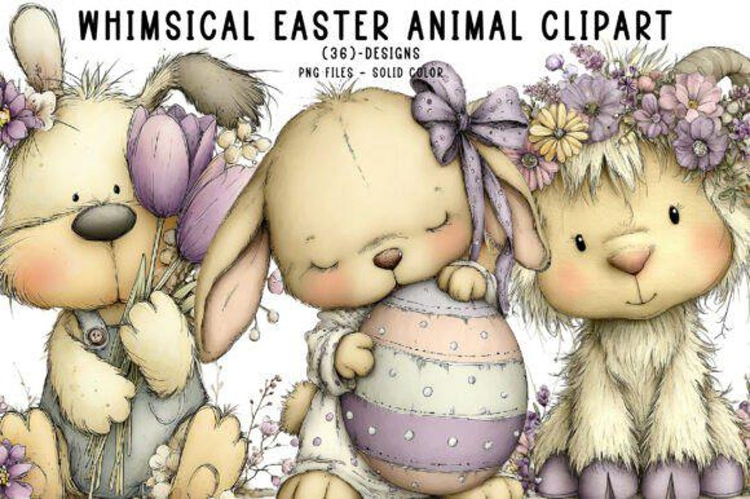 36 Whimsical Easter Animal Clipart PNG / Cute Easter Animals Clipart ...