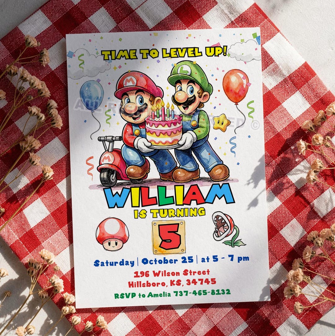 Super Mario Bros Birthday Invitation – Editable Canva Template. Mario ...