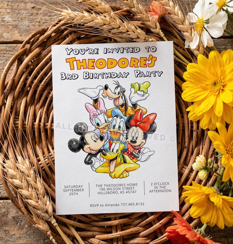 Mickey Mouse Birthday Invitation, Mickey and Friends Watercolor Invite ...
