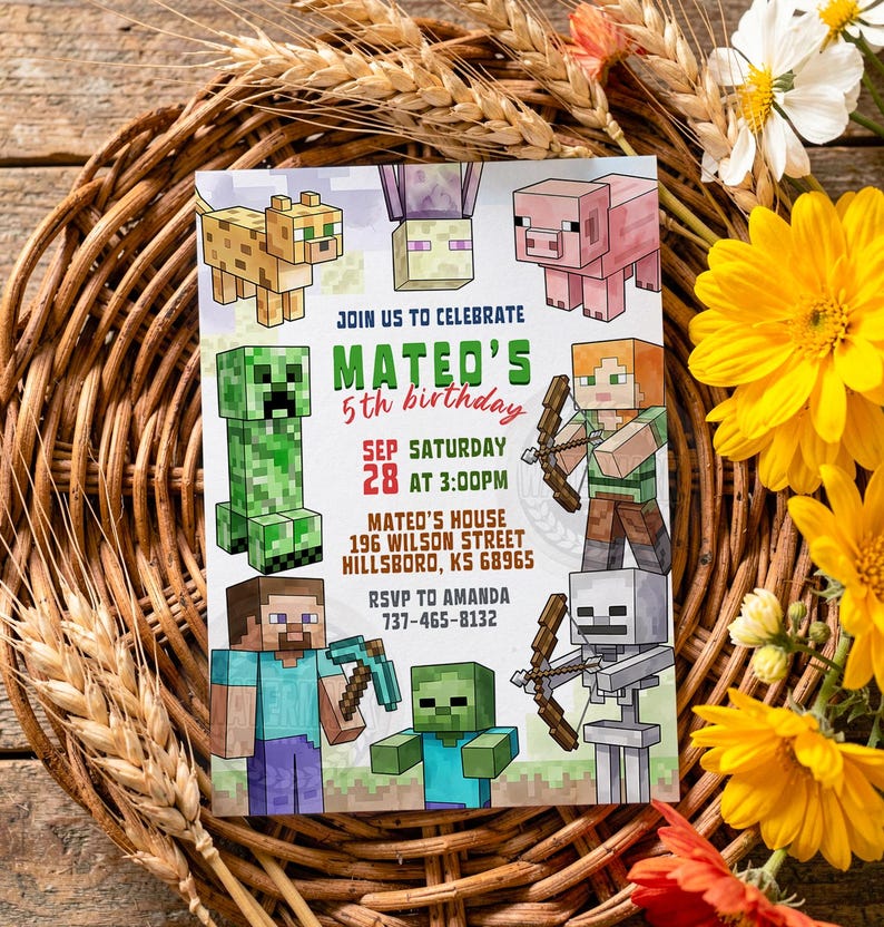 Pixel Block Birthday Invitation, Editable Canva Template, Video Game ...