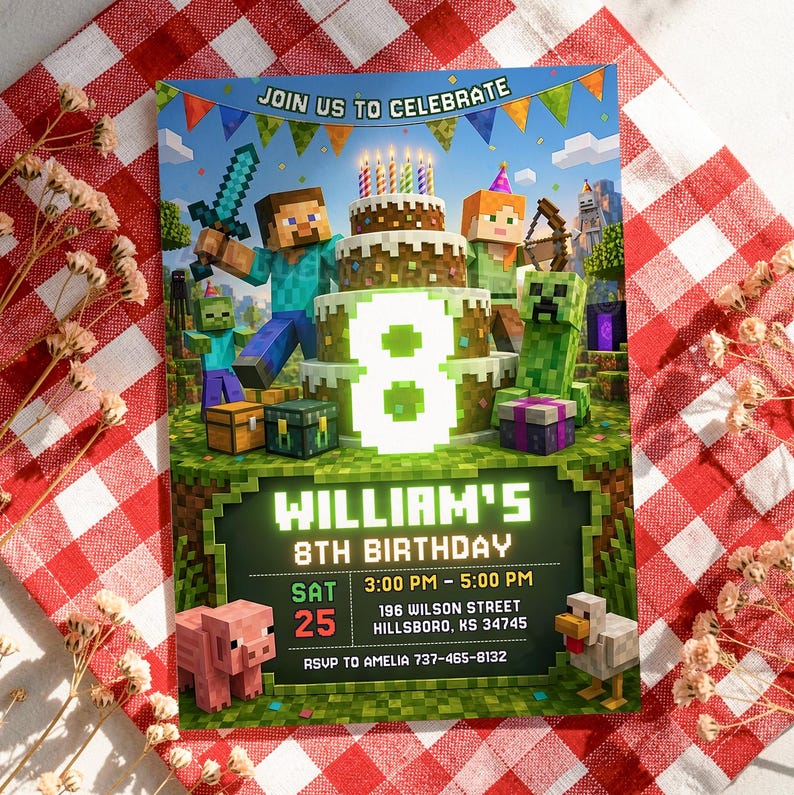 Pixel Block Birthday Invitation, Editable Canva Template, Video Game ...