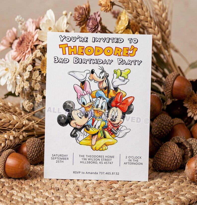 Mickey Mouse Birthday Invitation, Mickey and Friends Watercolor Invite ...
