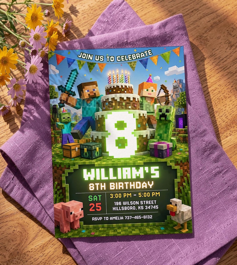 Pixel Block Birthday Invitation, Editable Canva Template, Video Game ...