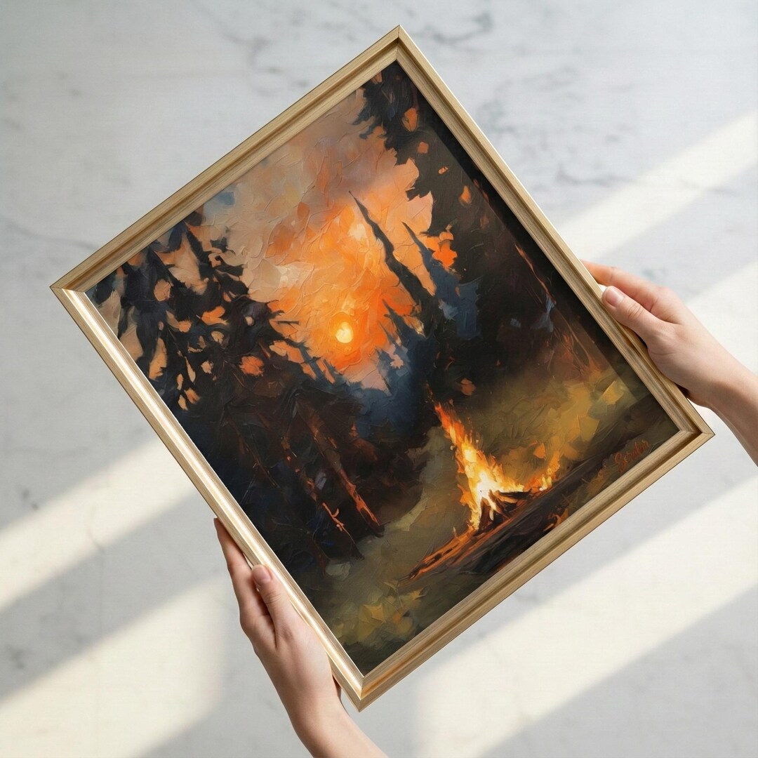 Campfire Forest Oil Painting, Impasto Style, Moody Dark Wall Art ...