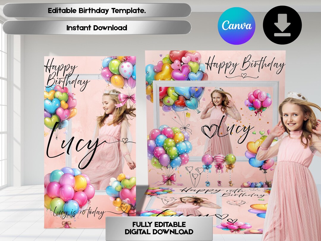 Custom Birthday Backdrop Template, Name Cutout, Canva Editable (digital ...