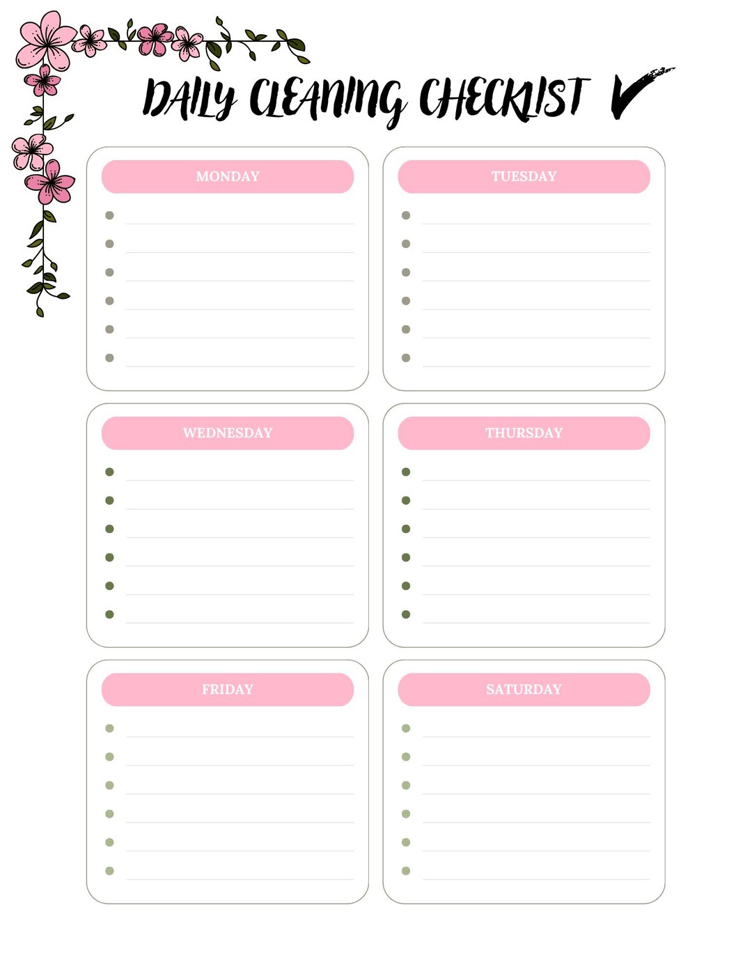 Weekly Cleaning Checklist (instant Download) Printable Chore Chart ...