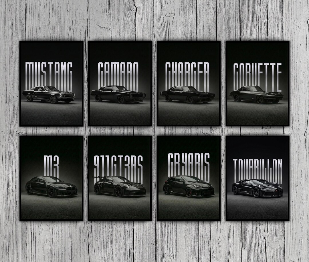 Black Car Wall Art Set of 8, Mustang Porsche Bugatti BMW Corvette ...