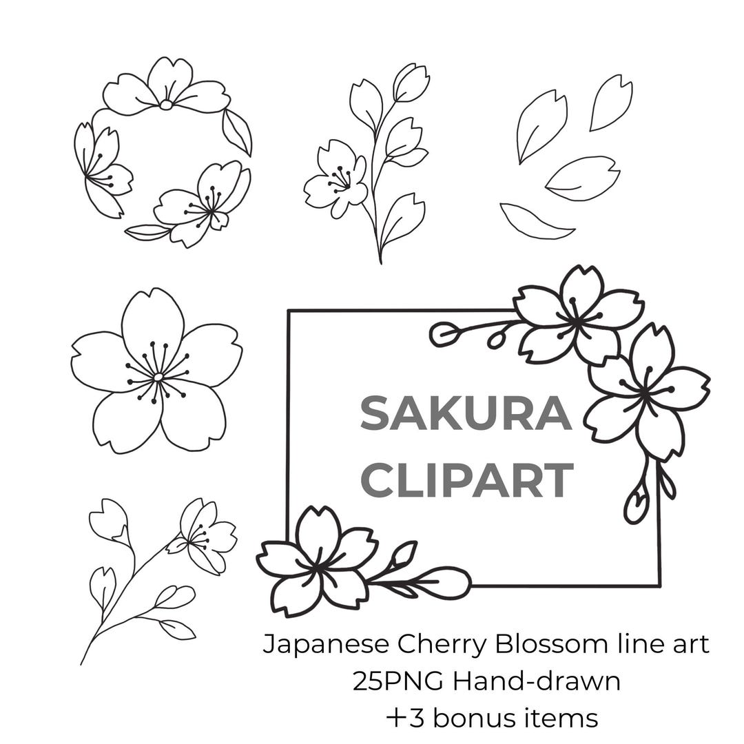 Sakura Clipart Set | 25 Hand-drawn Line Art Pngs | Japanese Minimalist ...