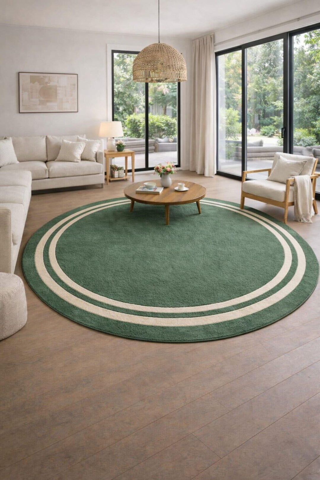 Round Green Rug, Circular Border Pattern, Forest Green Wool, Modern ...