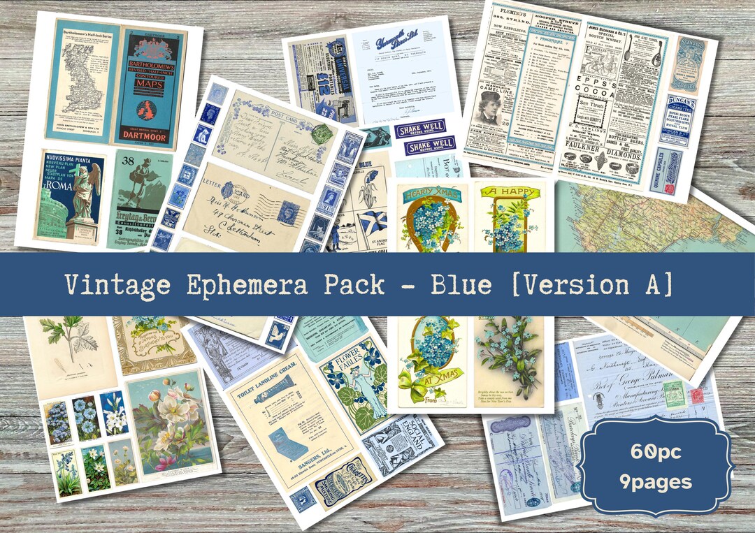 Vintage Blue Ephemera Pack (A) | Printable | 60 Pieces | 9 Pages | A4 ...