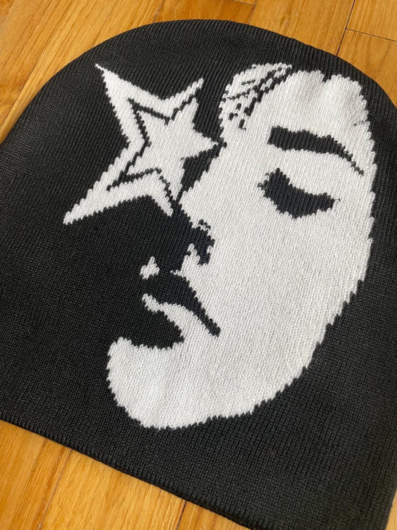 Star Face Beanie – Y2K Streetwear Black Beanie, Grunge Opium Aesthetic ...