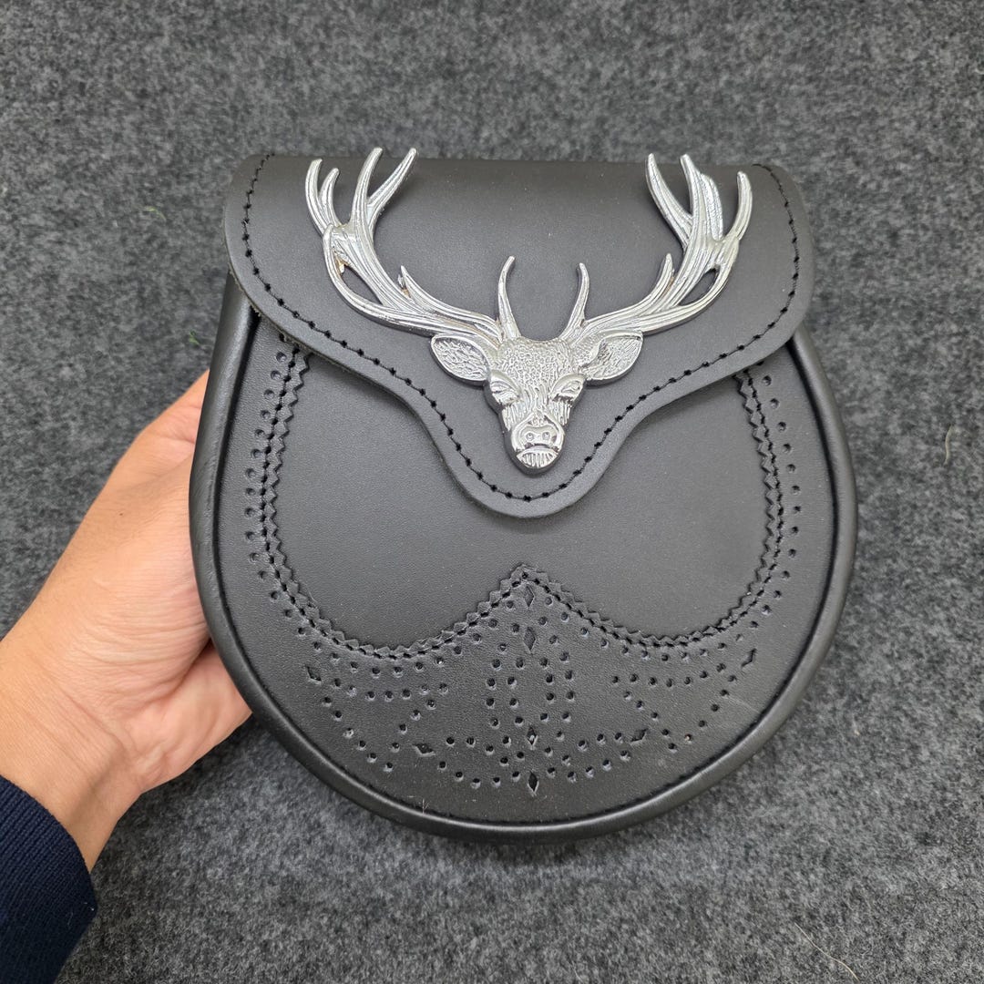 Scottish Kilt Sporran -day Sporran With Stag Head Badge - Black Leather ...