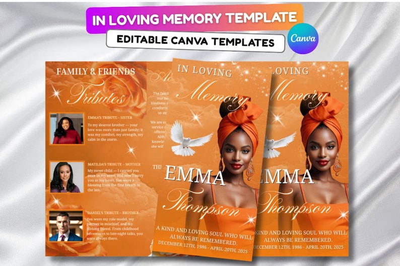 Orange Funeral Program Editable Template, Tri-fold(17x11) Funeral ...