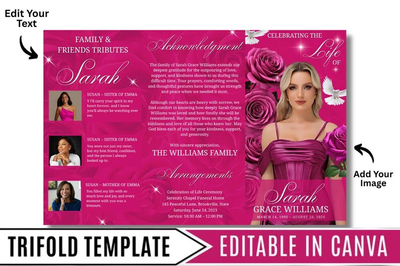 Pink Funeral Program Editable Template, Tri-fold(17x11) Funeral Program ...