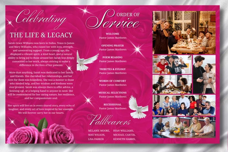Pink Funeral Program Editable Template, Tri-fold(17x11) Funeral Program ...