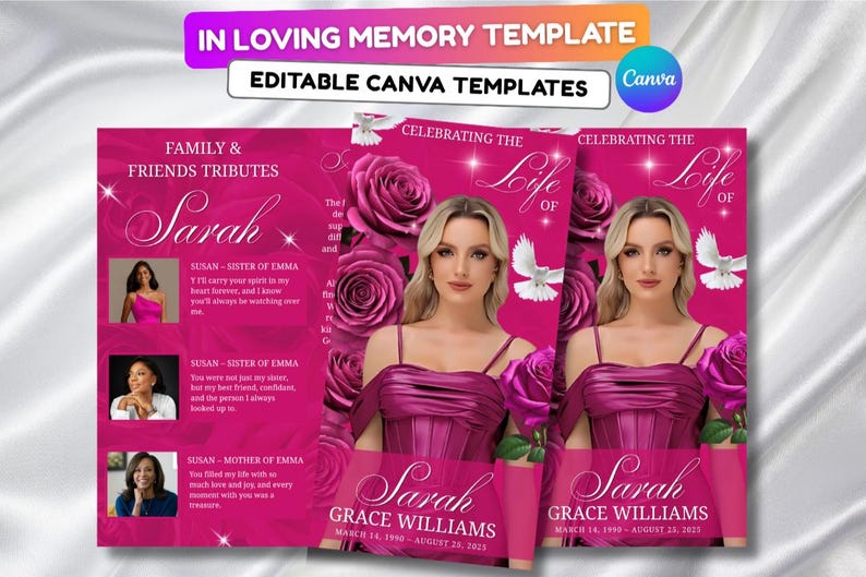Pink Funeral Program Editable Template, Tri-fold(17x11) Funeral Program ...