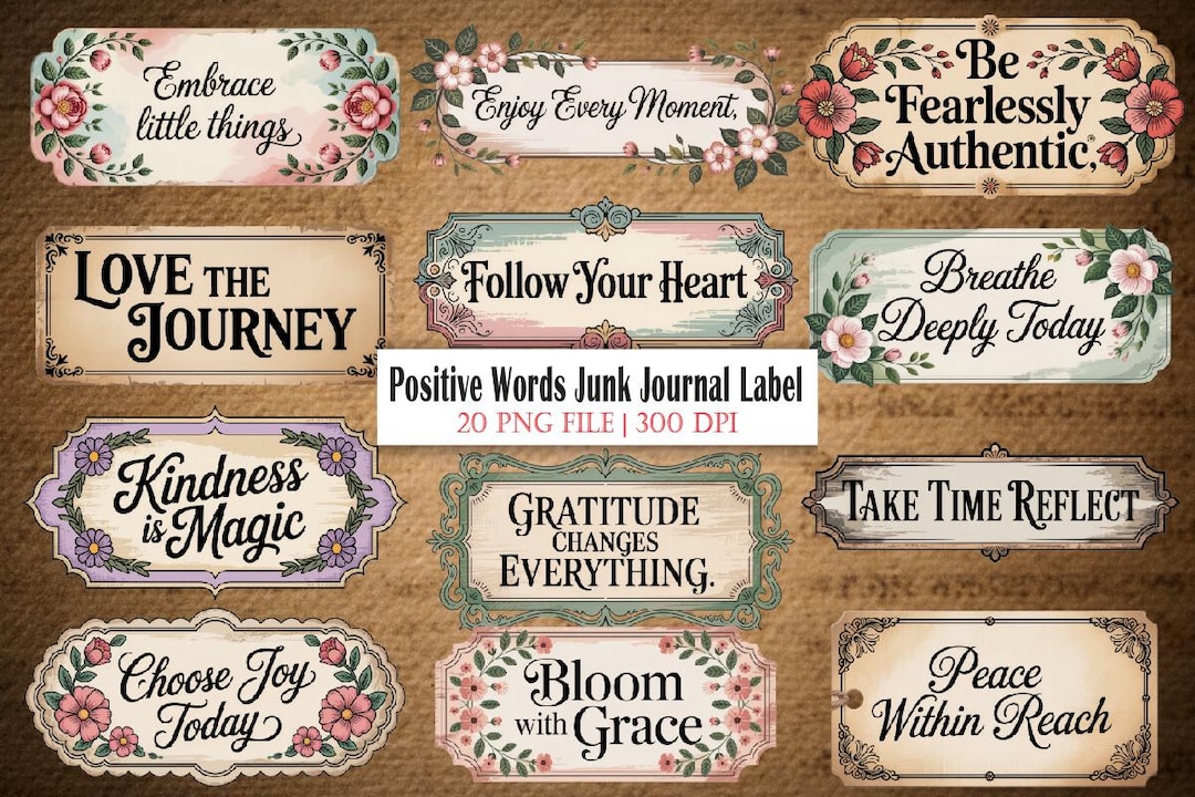 Positive Words Junk Journal Labels PNG | Inspirational Quote Stickers ...