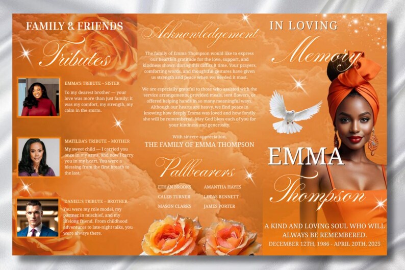 Orange Funeral Program Editable Template, Tri-fold(17x11) Funeral ...