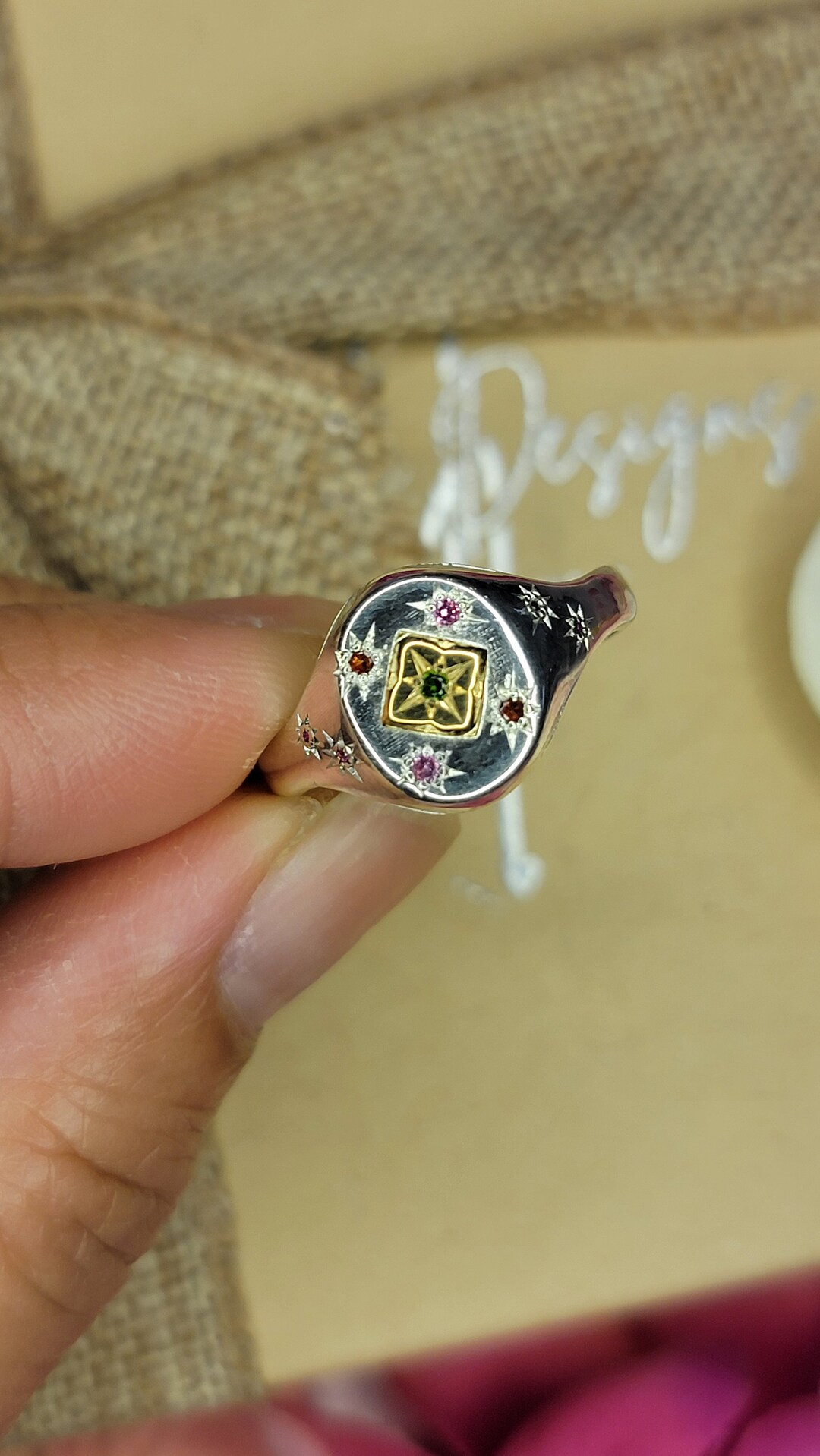 18k Ring Celestial Mixed Metal Ring With Gemstones 18k Signet Ring ...