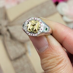 Initial Signet Ring Mixed Metal 18k and Sterling Silver With Gemstones ...