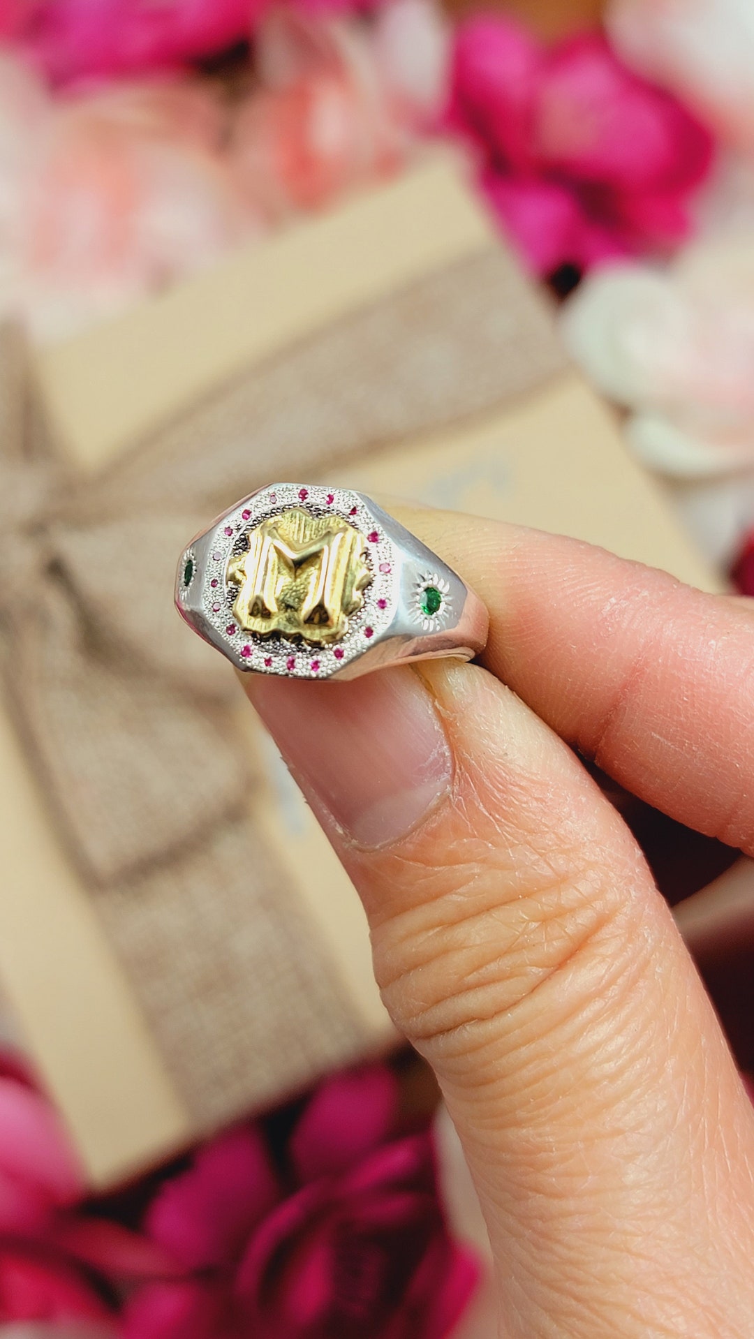 Initial Signet Ring Mixed Metal 18k and Sterling Silver With Gemstones ...