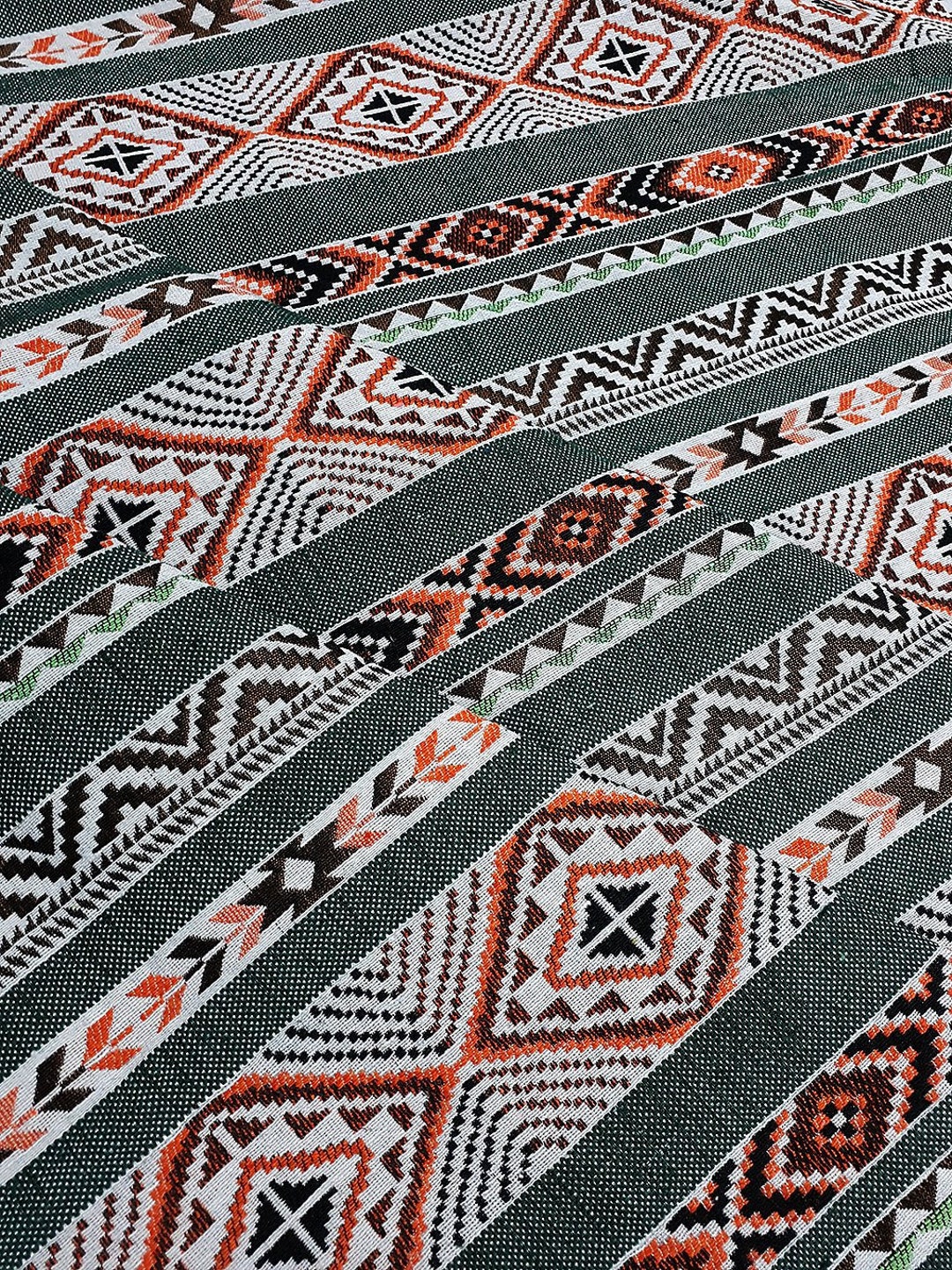 Thai Woven Fabric, Green, Orange, Geometric, Tribal,native Cotton ...