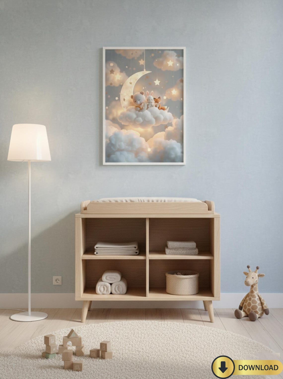 Moon and Sleeping Animals Nursery Print, Pastel Cloud Art. - Etsy
