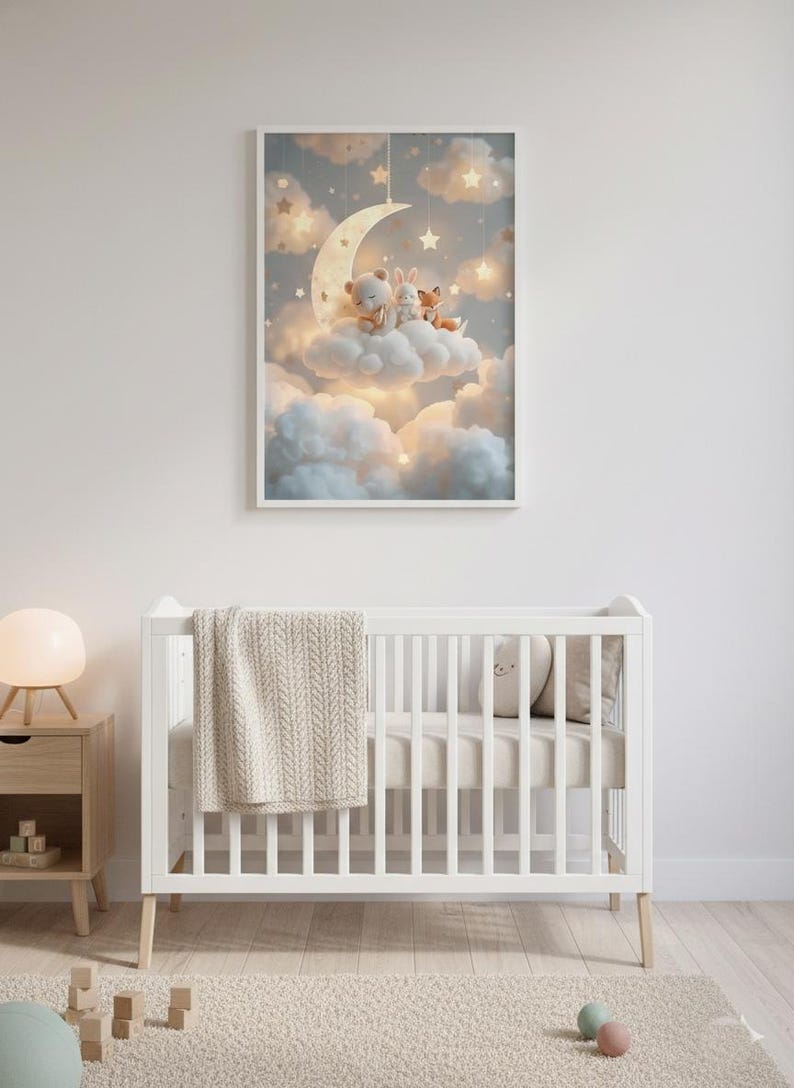 Moon and Sleeping Animals Nursery Print, Pastel Cloud Art. - Etsy