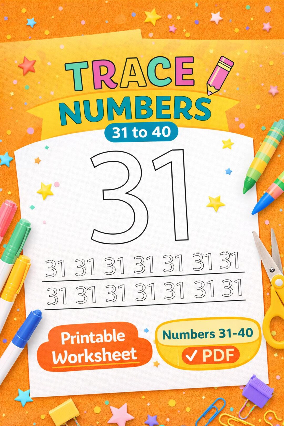 Numbers 31-40 Tracing Worksheet – Preschool Kindergarten Math (PDF ...